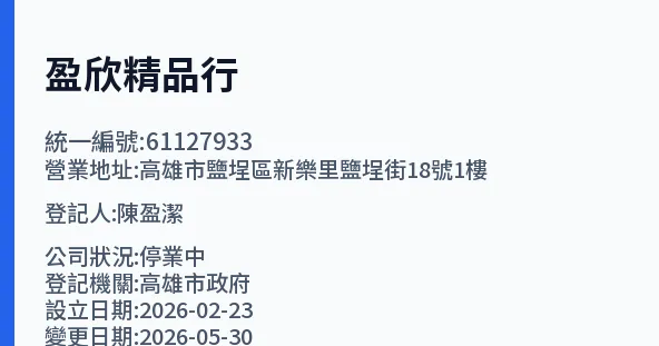 盈欣精品行的照片-統編 61127933(高雄市) 公司登記資料與營業項目詳細圖表