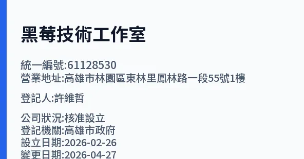黑莓技術工作室的照片-統編 61128530(高雄市) 公司登記資料與營業項目詳細圖表