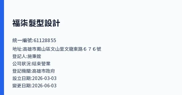 福柒髮型設計的照片-統編 61128855 公司登記資料與營業項目詳細圖表