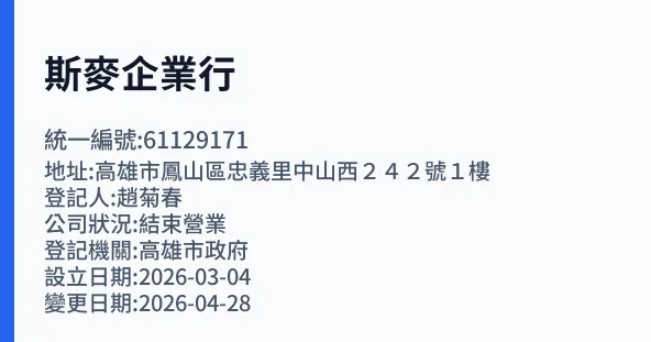 斯麥企業行的照片-統編 61129171(高雄市) 公司登記資料與營業項目詳細圖表