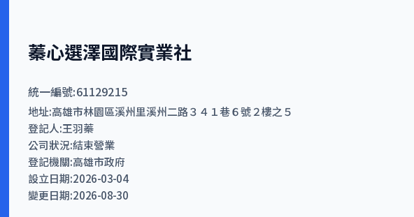 蓁心選澤國際實業社的照片-統編 61129215 公司登記資料與營業項目詳細圖表