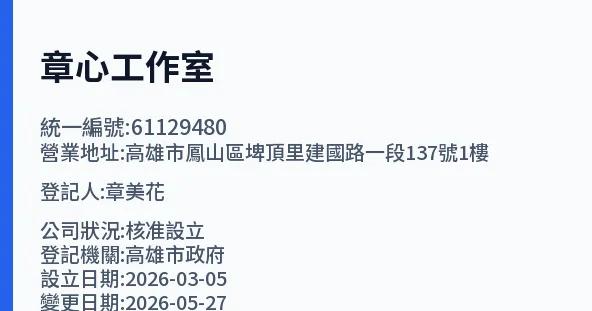 章心工作室的照片-統編 61129480(高雄市) 公司登記資料與營業項目詳細圖表