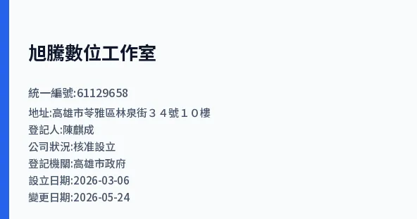 旭騰數位工作室的照片-統編 61129658(高雄市) 公司登記資料與營業項目詳細圖表