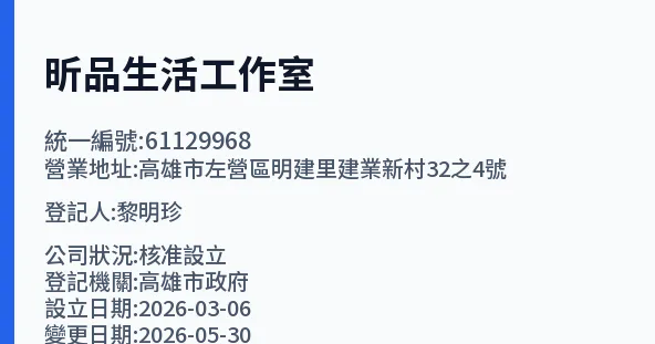 昕品生活工作室的照片-統編 61129968(高雄市) 公司登記資料與營業項目詳細圖表