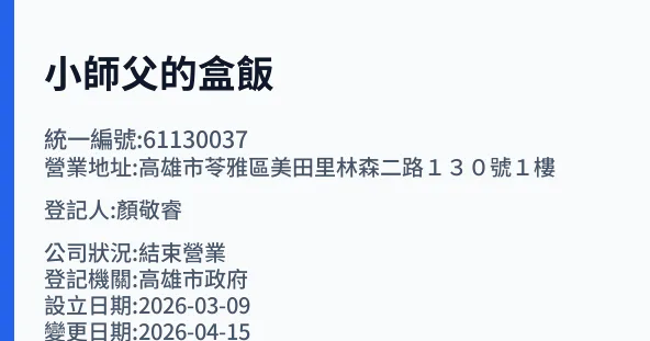 小師父的盒飯的照片-統編 61130037(高雄市) 公司登記資料與營業項目詳細圖表