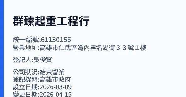 群臻起重工程行的照片-統編 61130156(高雄市) 公司登記資料與營業項目詳細圖表