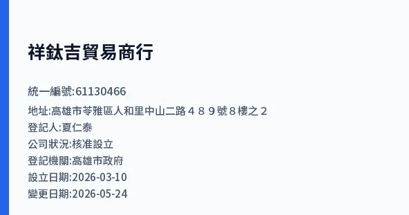 祥鈦吉貿易商行的照片-統編 61130466(高雄市) 公司登記資料與營業項目詳細圖表