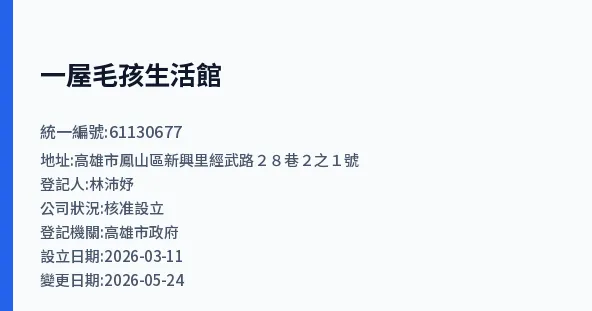 一屋毛孩生活館的照片-統編 61130677(高雄市) 公司登記資料與營業項目詳細圖表
