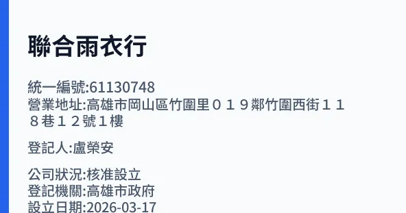 聯合雨衣行的照片-統編 61130748(高雄市) 公司登記資料與營業項目詳細圖表