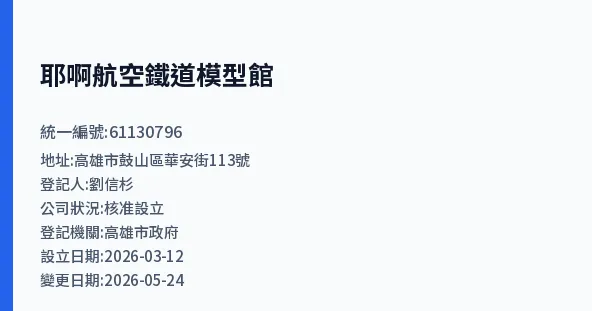耶啊航空鐵道模型館的照片-統編 61130796(高雄市) 公司登記資料與營業項目詳細圖表