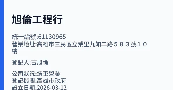 旭倫工程行的照片-統編 61130965(高雄市) 公司登記資料與營業項目詳細圖表