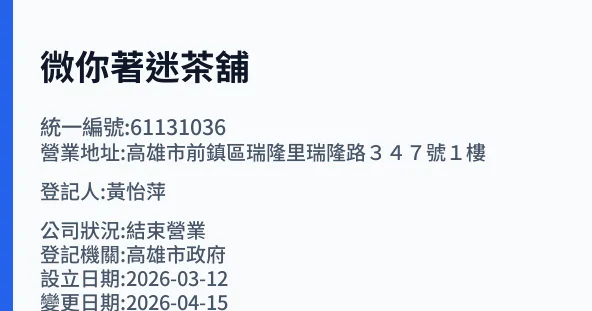 微你著迷茶舖的照片-統編 61131036(高雄市) 公司登記資料與營業項目詳細圖表