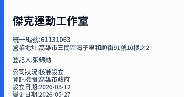 傑克運動工作室的照片-統編 61131063(高雄市) 公司登記資料與營業項目詳細圖表