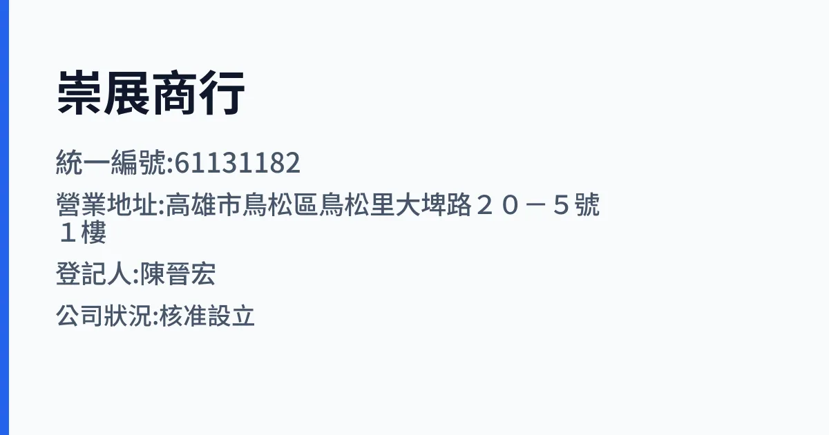 崇展商行 - 統編 61131182(高雄市) 公司登記資料與營業項目詳細圖表