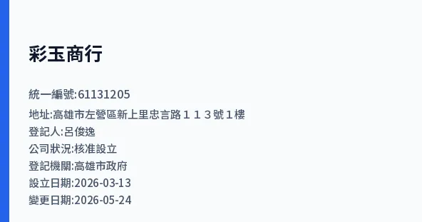 彩玉商行的照片-統編 61131205(高雄市) 公司登記資料與營業項目詳細圖表
