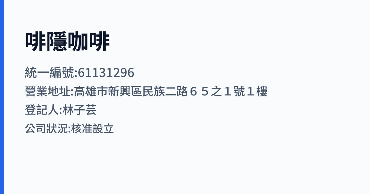 啡隱咖啡 - 統編 61131296(高雄市) 公司登記資料與營業項目詳細圖表