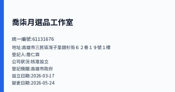 喬柒月選品工作室的照片-統編 61131676(高雄市) 公司登記資料與營業項目詳細圖表