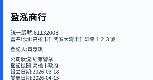 盈泓商行的照片-統編 61132008(高雄市) 公司登記資料與營業項目詳細圖表