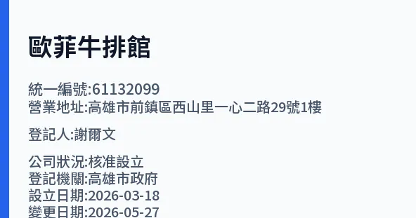 歐菲牛排館的照片-統編 61132099(高雄市) 公司登記資料與營業項目詳細圖表