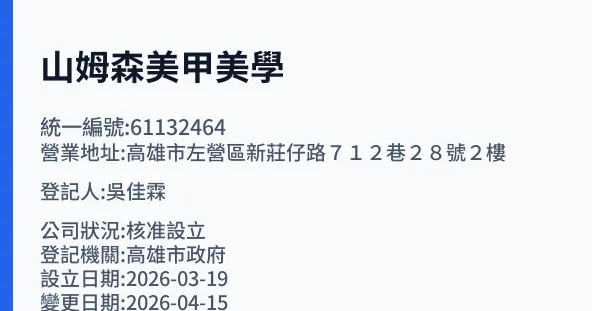 山姆森美甲美學的照片-統編 61132464(高雄市) 公司登記資料與營業項目詳細圖表