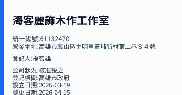 海客麗飾木作工作室的照片-統編 61132470(高雄市) 公司登記資料與營業項目詳細圖表