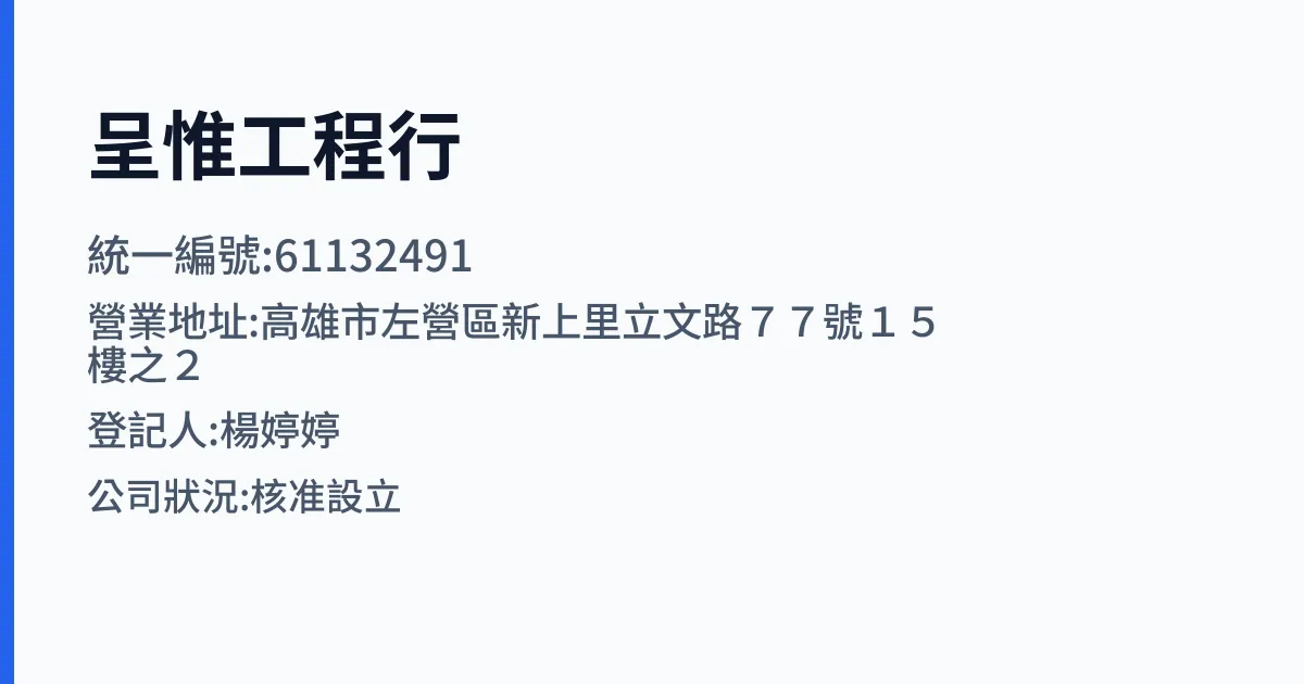 呈惟工程行 - 統編 61132491(高雄市) 公司登記資料與營業項目詳細圖表
