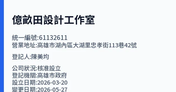 億畝田設計工作室的照片-統編 61132611(高雄市) 公司登記資料與營業項目詳細圖表