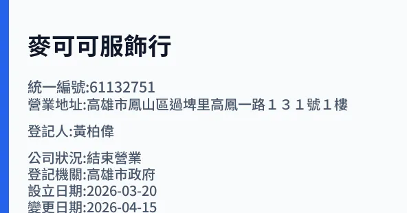 麥可可服飾行的照片-統編 61132751(高雄市) 公司登記資料與營業項目詳細圖表