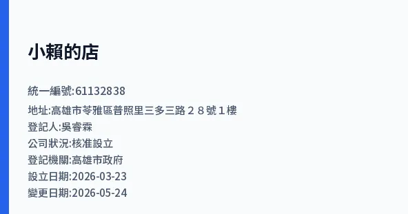 小賴的店的照片-統編 61132838(高雄市) 公司登記資料與營業項目詳細圖表