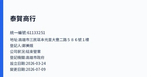泰賀商行的照片-統編 61133251 公司登記資料與營業項目詳細圖表