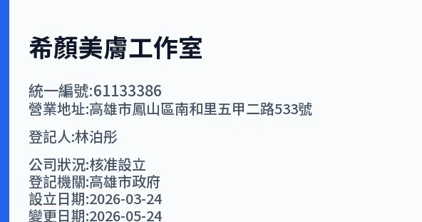 希顏美膚工作室的照片-統編 61133386(高雄市) 公司登記資料與營業項目詳細圖表