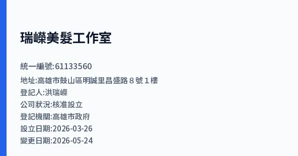 瑞嶸美髮工作室的照片-統編 61133560(高雄市) 公司登記資料與營業項目詳細圖表
