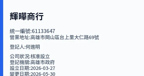 輝曄商行的照片-統編 61133647(高雄市) 公司登記資料與營業項目詳細圖表