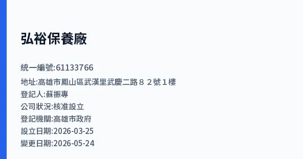 弘裕保養廠的照片-統編 61133766(高雄市) 公司登記資料與營業項目詳細圖表