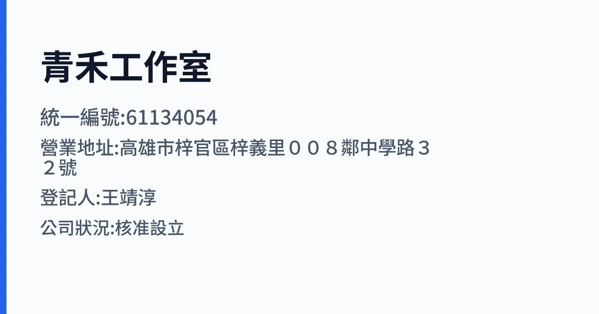 青禾工作室 - 統編 61134054(高雄市) 公司登記資料與營業項目詳細圖表