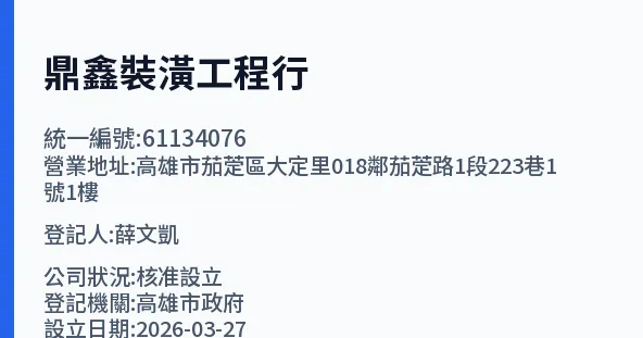 鼎鑫裝潢工程行的照片-統編 61134076(高雄市) 公司登記資料與營業項目詳細圖表
