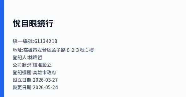 悅目眼鏡行的照片-統編 61134218(高雄市) 公司登記資料與營業項目詳細圖表