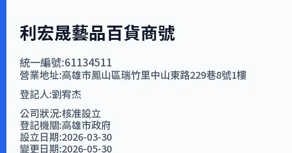 利宏晟藝品百貨商號的照片-統編 61134511(高雄市) 公司登記資料與營業項目詳細圖表