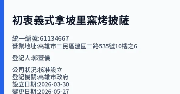 初衷義式拿坡里窯烤披薩的照片-統編 61134667 公司登記資料與營業項目詳細圖表