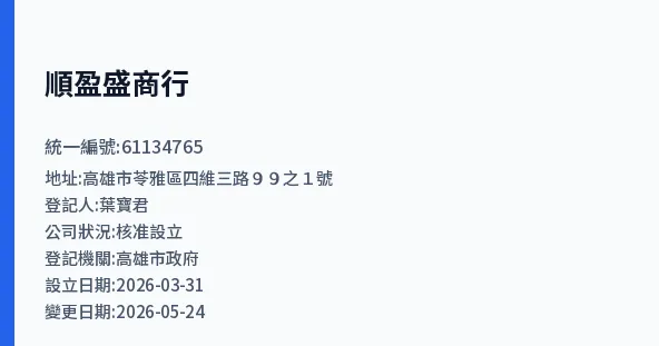 順盈盛商行的照片-統編 61134765(高雄市) 公司登記資料與營業項目詳細圖表