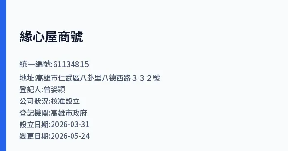 緣心屋商號的照片-統編 61134815(高雄市) 公司登記資料與營業項目詳細圖表