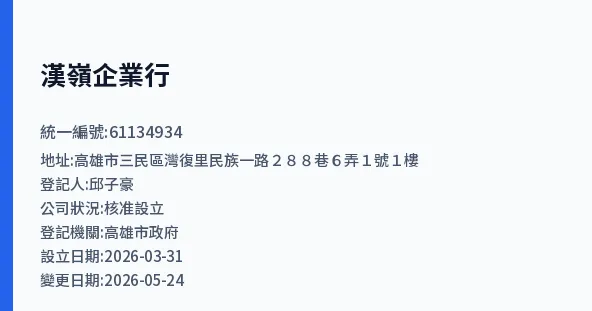 漢嶺企業行的照片-統編 61134934(高雄市) 公司登記資料與營業項目詳細圖表