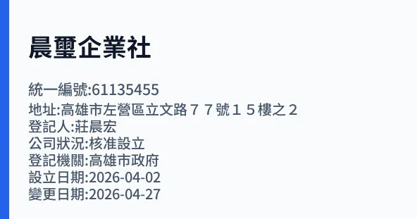 晨璽企業社的照片-統編 61135455(高雄市) 公司登記資料與營業項目詳細圖表