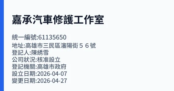 嘉承汽車修護工作室的照片-統編 61135650(高雄市) 公司登記資料與營業項目詳細圖表