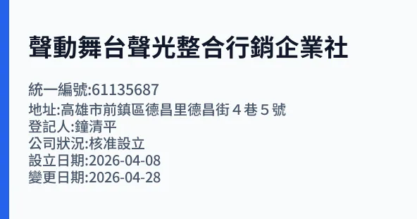 聲動舞台聲光整合行銷企業社的照片-統編 61135687(高雄市) 公司登記資料與營業項目詳細圖表