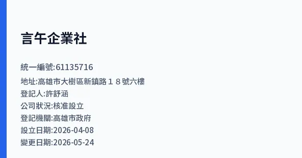 言午企業社的照片-統編 61135716(高雄市) 公司登記資料與營業項目詳細圖表
