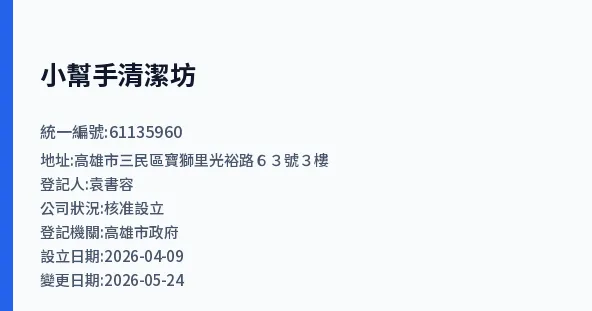 小幫手清潔坊的照片-統編 61135960(高雄市) 公司登記資料與營業項目詳細圖表