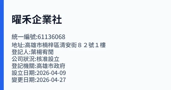 曜禾企業社的照片-統編 61136068(高雄市) 公司登記資料與營業項目詳細圖表