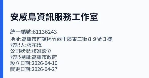 安感島資訊服務工作室的照片-統編 61136243(高雄市) 公司登記資料與營業項目詳細圖表