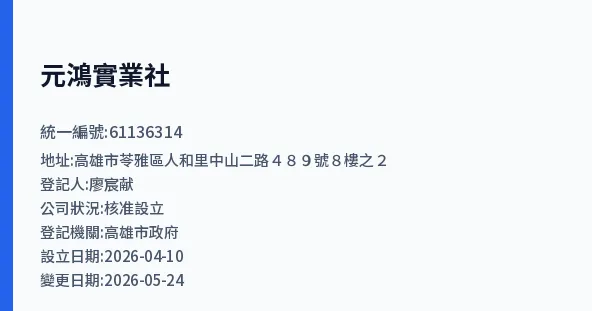 元鴻實業社的照片-統編 61136314(高雄市) 公司登記資料與營業項目詳細圖表